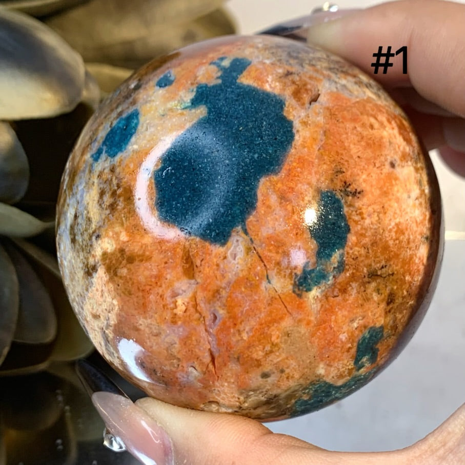 Sunstone x Blue Apatite Sphere – ZAIENCRYSTAL LLC