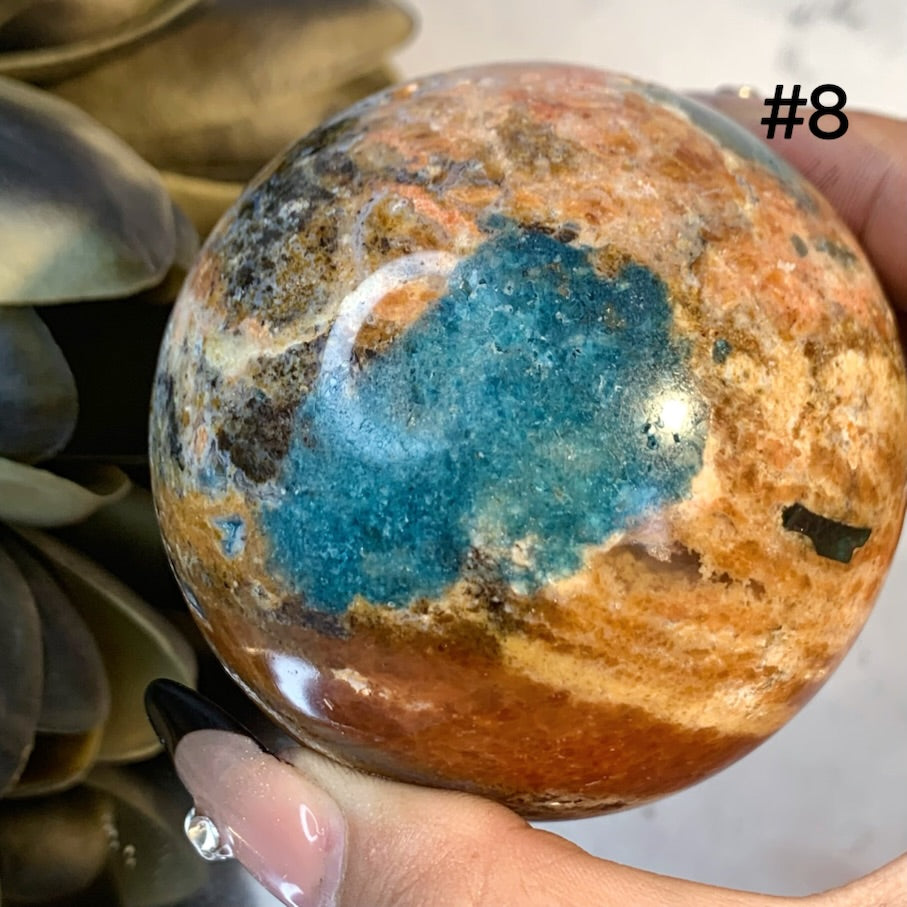 Sunstone x Blue Apatite Sphere – zaiencrystal.com